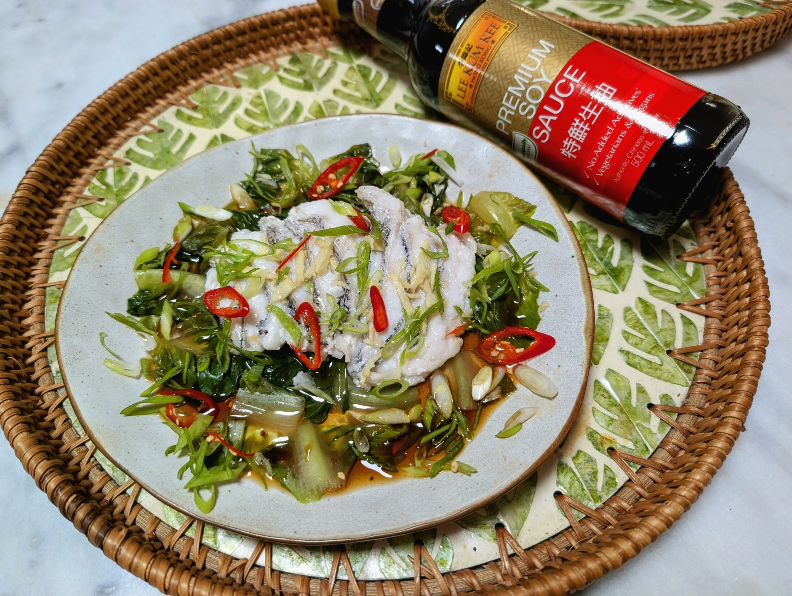 Ginger, Chili, Spring Onion steamed Barramundi on Cooked Lettuce | Cook ...