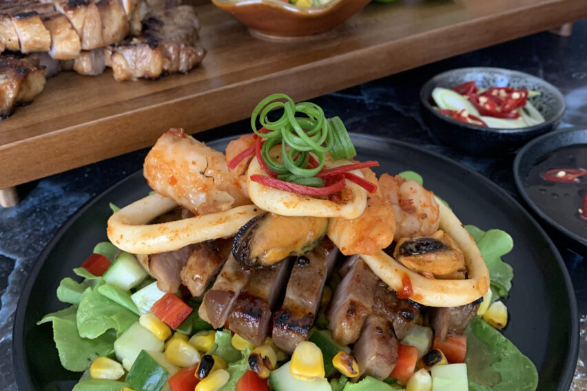 Asian inspired Surf & Turf with Hot Honey Drizzle & Corn salsa | Cook ...