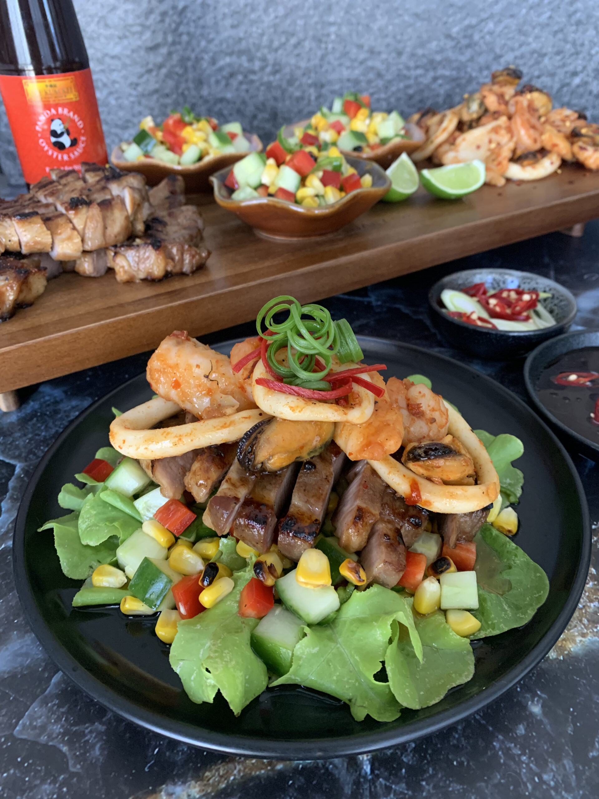 Asian inspired Surf & Turf with Hot Honey Drizzle & Corn salsa | Cook ...