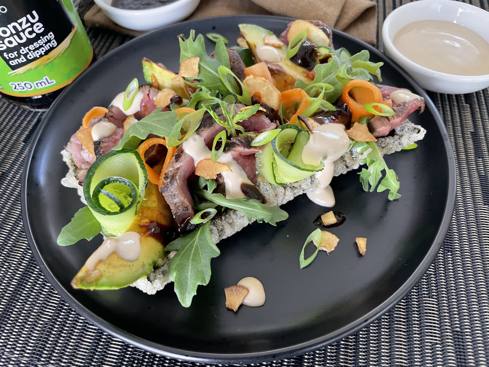 Gim-Bugak Topped With Beef Tataki And Charred Mayak Avocado, Served ...